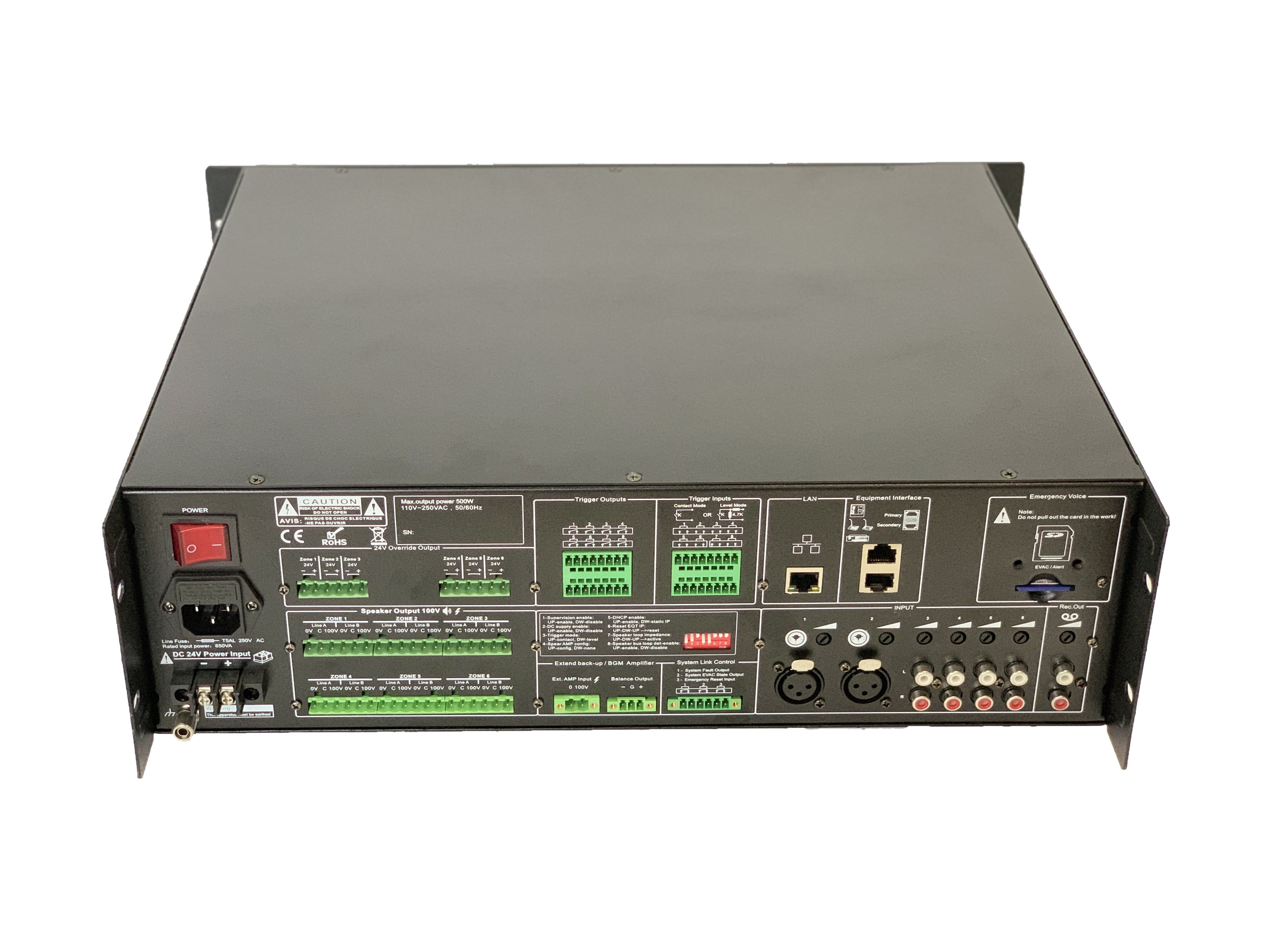 500W 6 Zone EVAC Voice Alarm Controller Metal PAVA System Amplifier